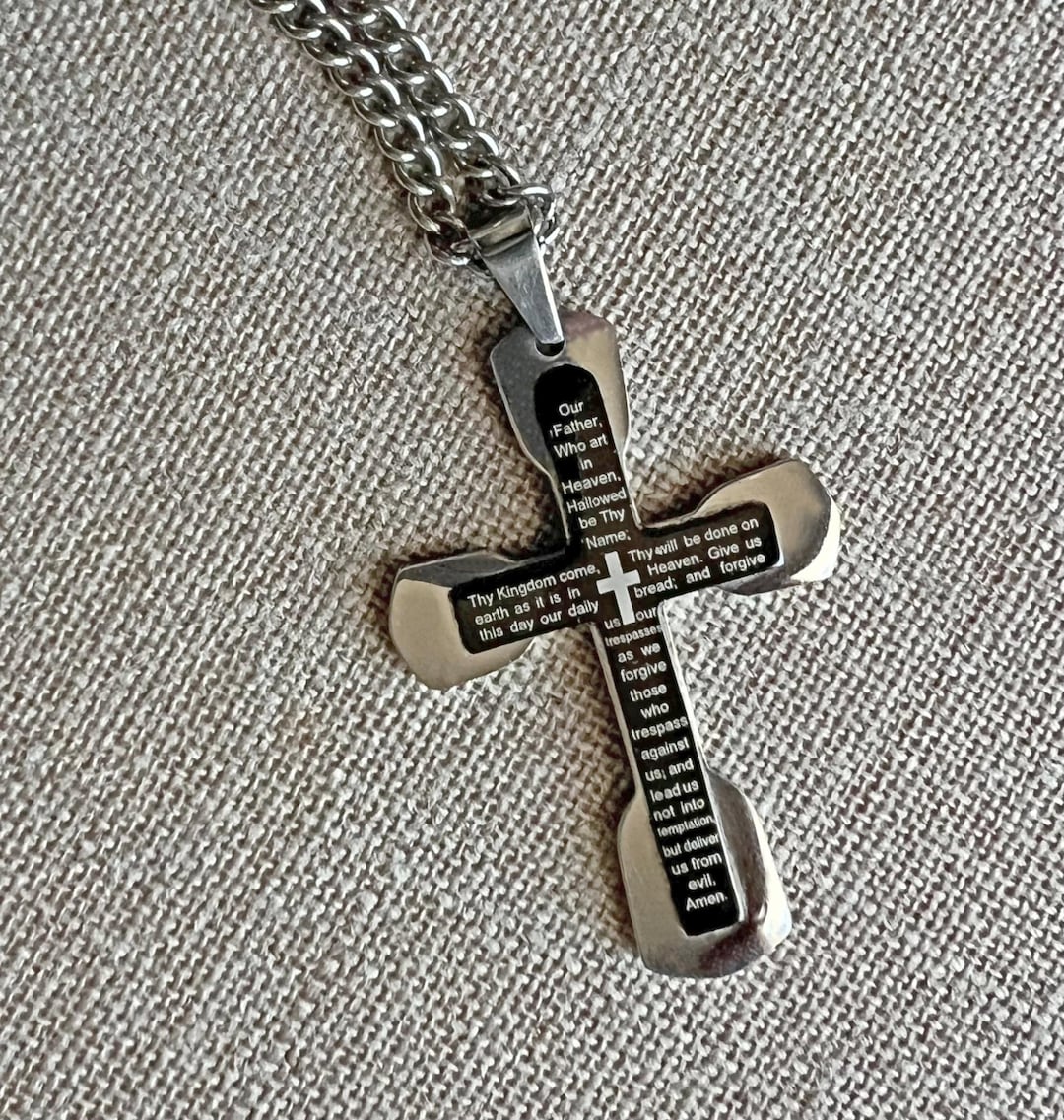 Men's Lord's Prayer Cross Pendant, Stainless Steel Cross on Chain ...