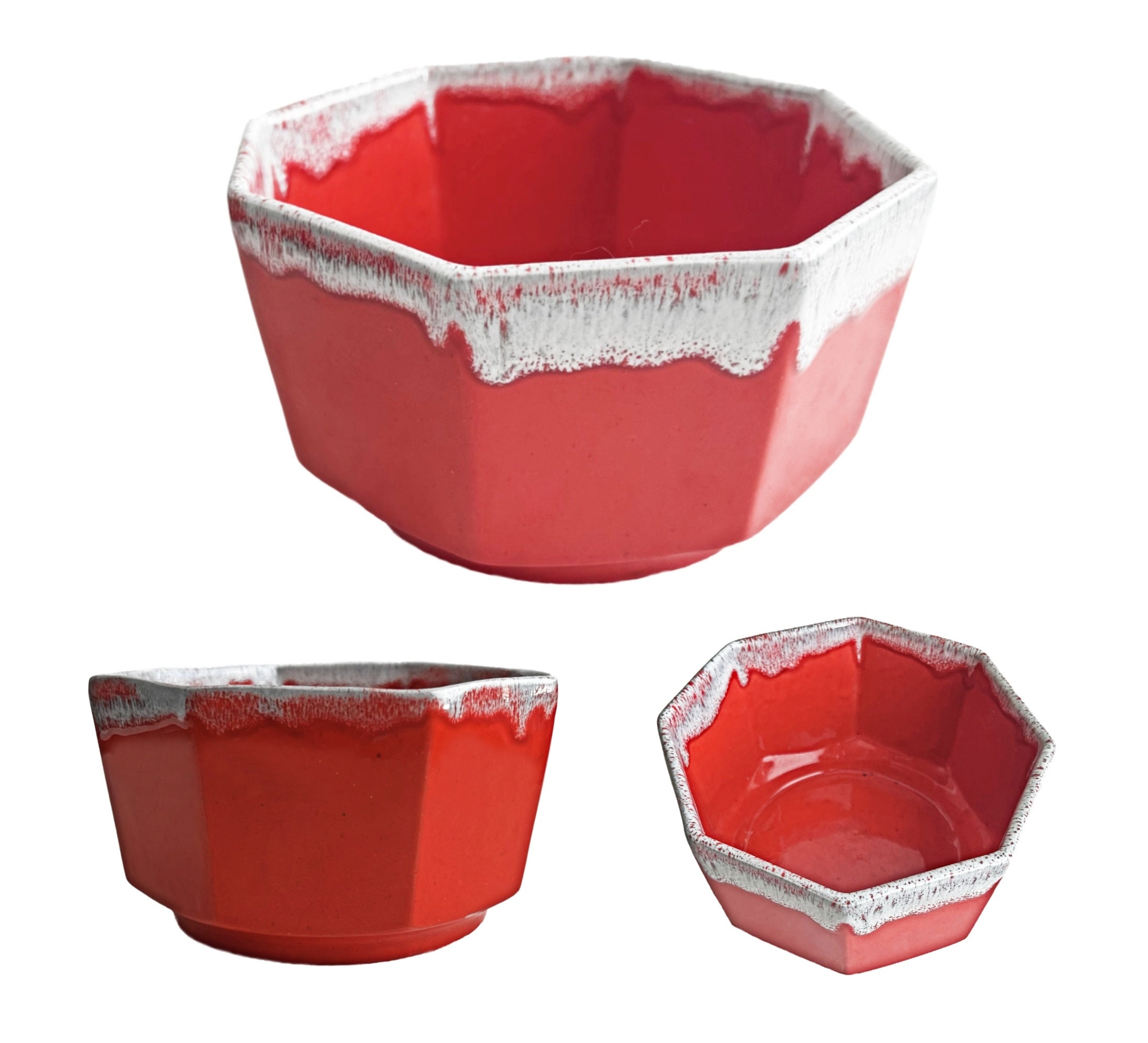 Vintage USA Pottery Red Drip Glaze Octagon Planter, MCM Bonsai Bowl ...