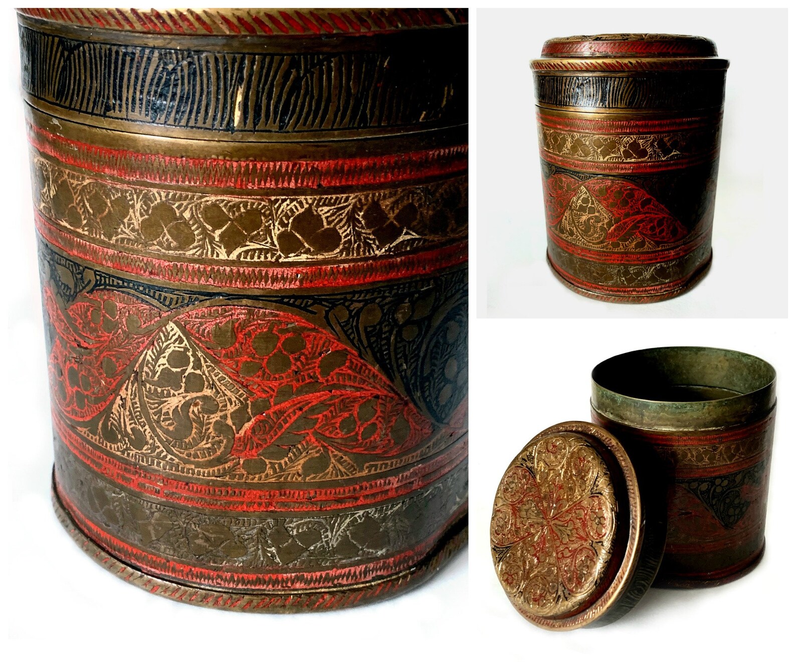 Engraved Enamel Brass Lidded Container, Vintage Indian Brass Storage ...