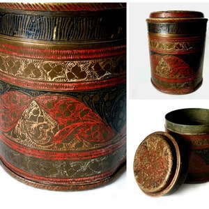 Engraved Enamel Brass Lidded Container, Vintage Indian Brass Storage ...