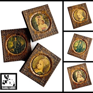 Portrait Wood Plaque Set, Carved Wood Decoupage Portrait Plaques, Three ...