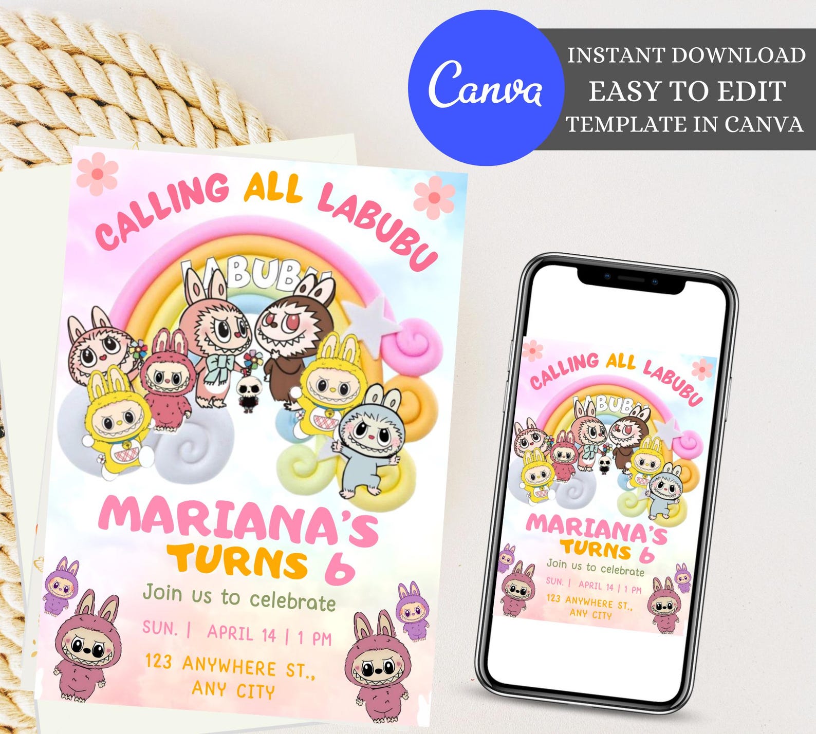 Labubu Birthday Invitation, Labubu Editable Template, Labubu Birthday ...