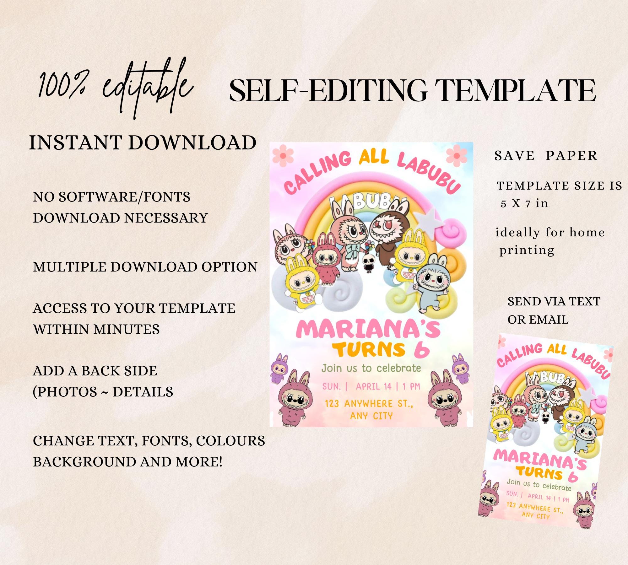 Labubu Birthday Invitation, Labubu Editable Template, Labubu Birthday ...