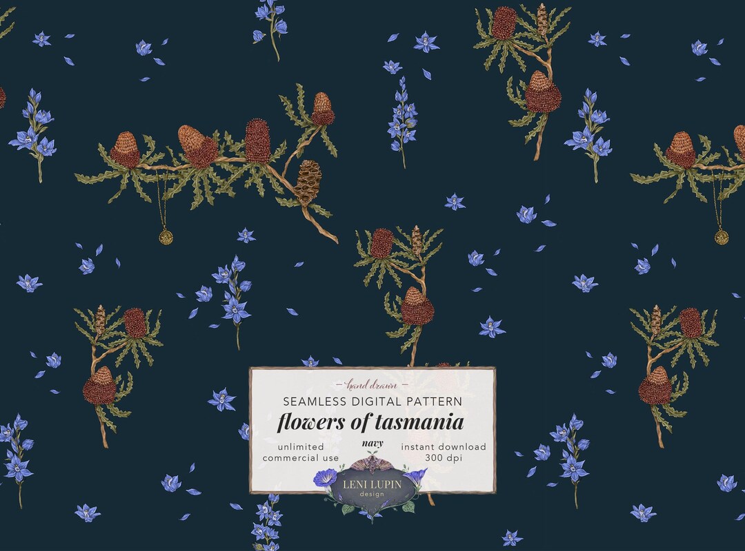Seamless Flowers of Tasmania Pattern Navy Hand-drawn Digital Downloads ...