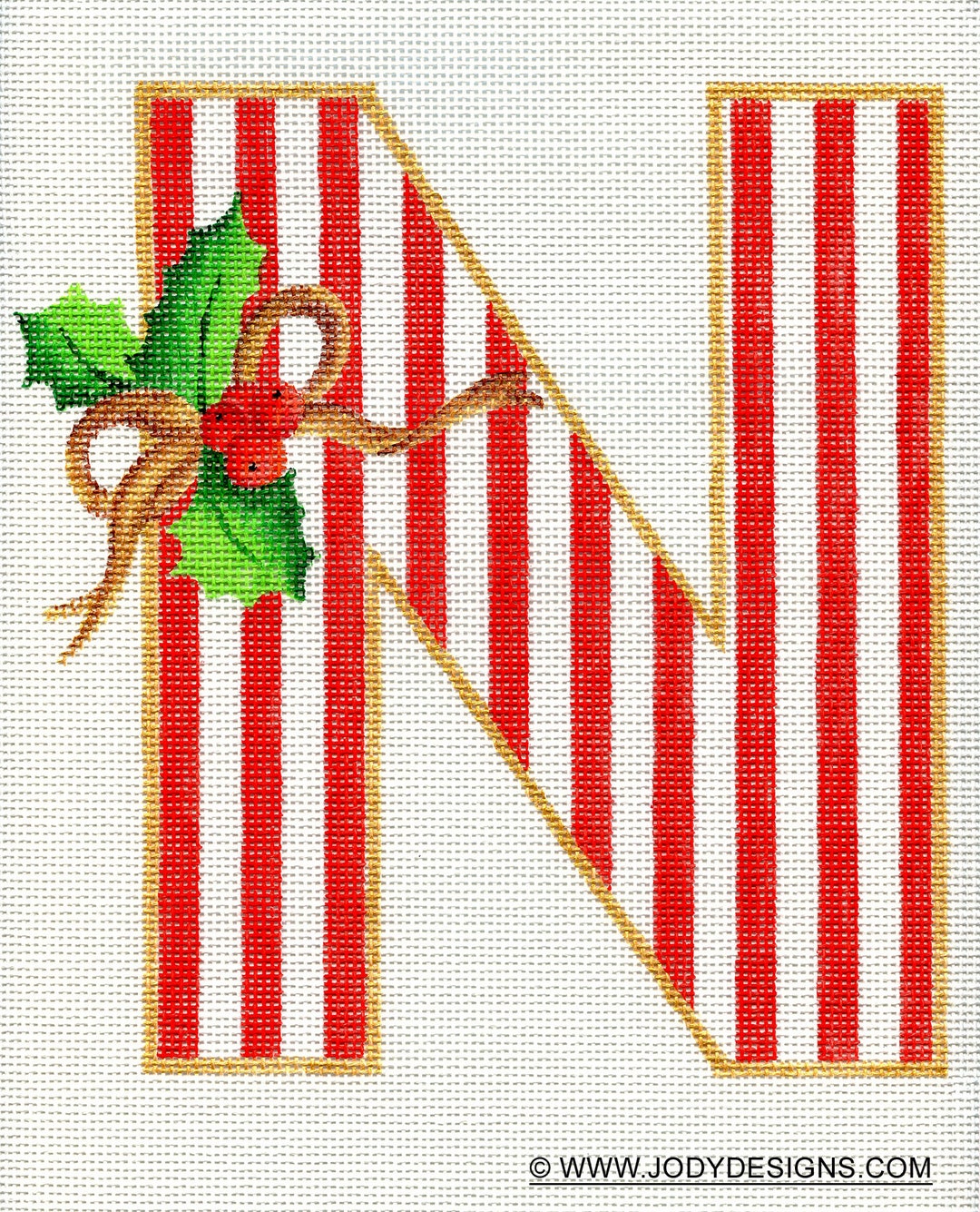 Striped Red Christmas Letter, Gold Bow and Holly Needlepoint ALL ...