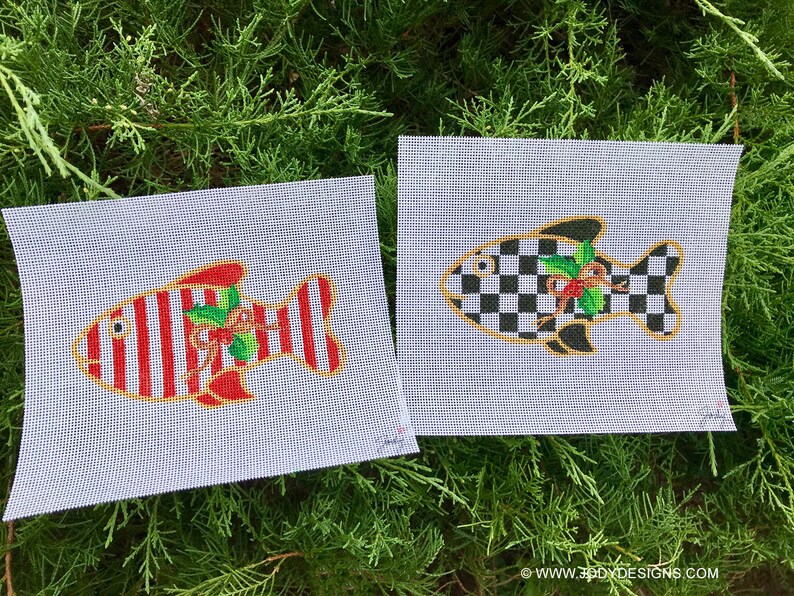 Striped Red Fish Needlepoint Ornament Outlined in Gold With | Etsy