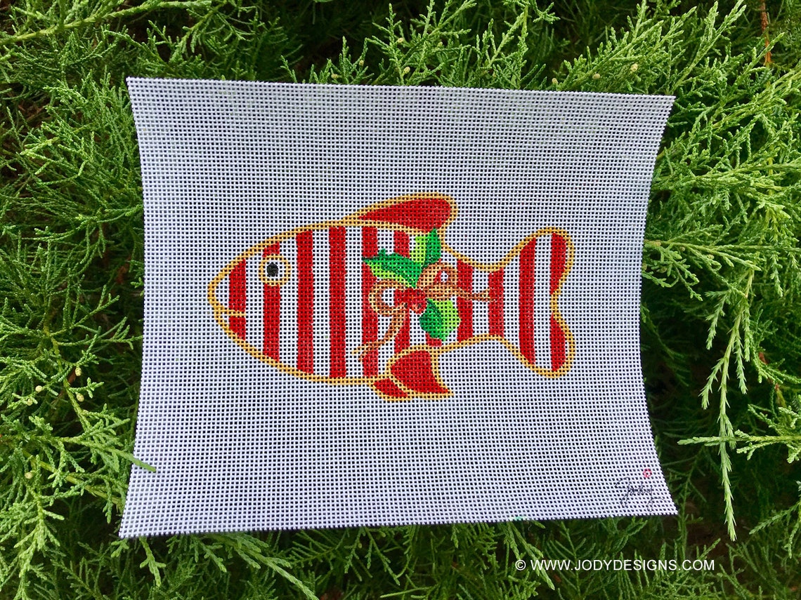 Striped Red Fish Needlepoint Ornament Outlined in Gold With | Etsy