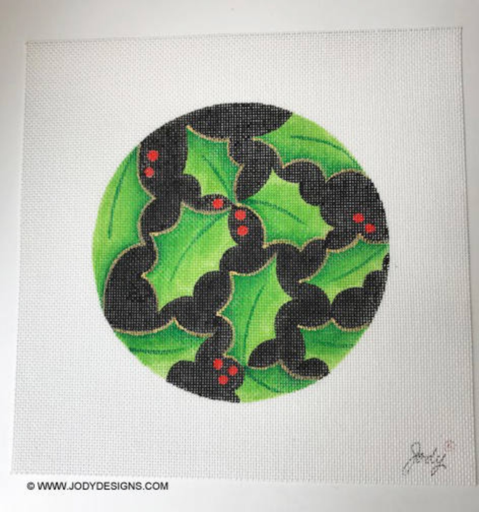 Holly on Black 6 1/4 Round Hand Painted Needlepoint - Etsy