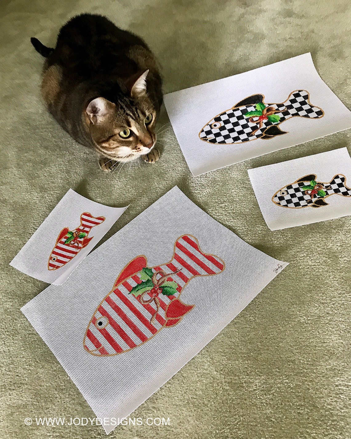 Striped Red Fish Needlepoint Ornament Outlined in Gold With | Etsy