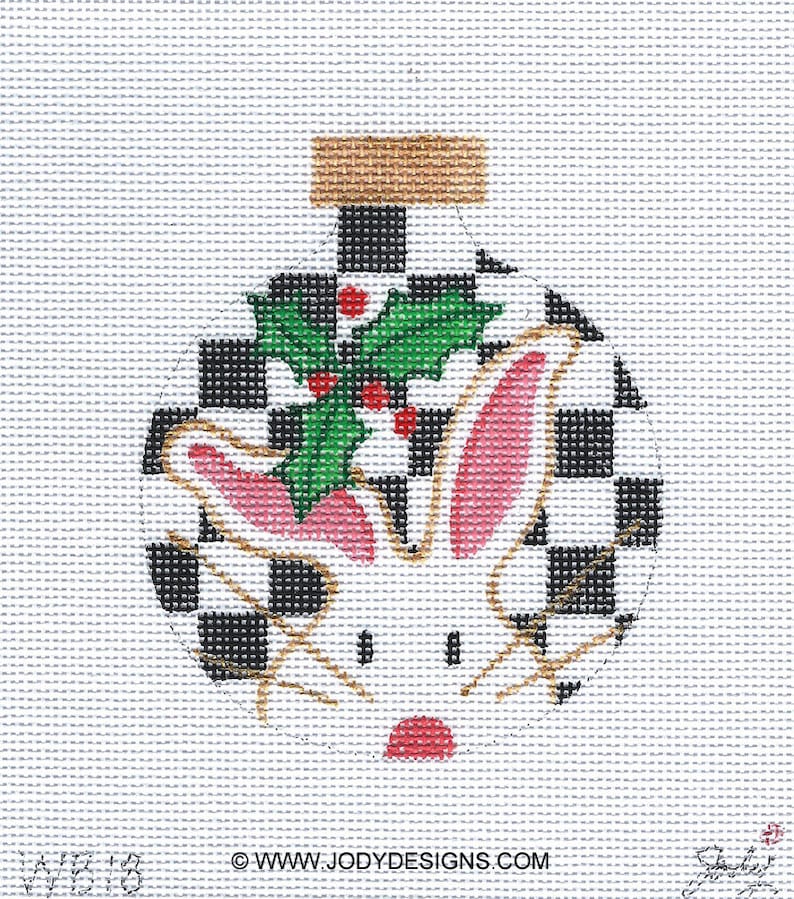 The White Bunny Black and White Checks With Holly Needlepoint | Etsy