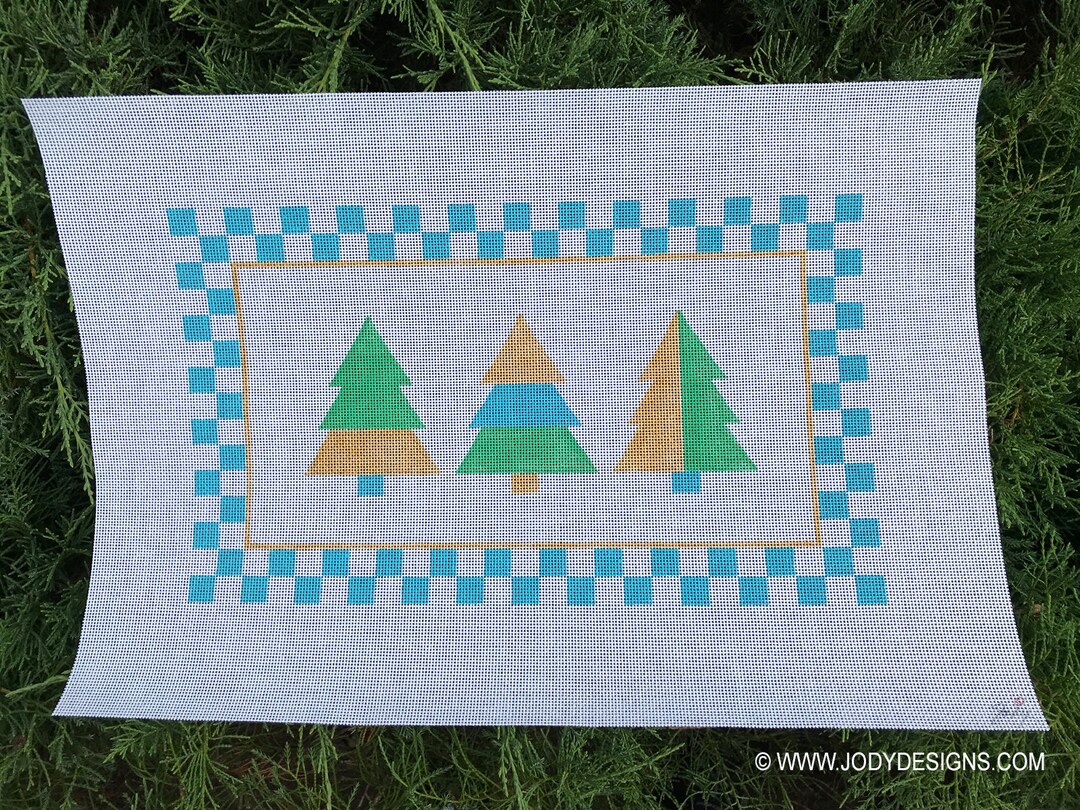 Marla's Tree, Aqua Check Border Hand Painted Needlepoint Canvas - Jody ...