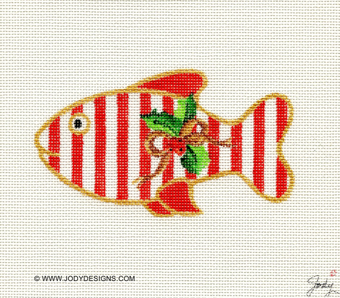 Striped Red Fish Needlepoint Ornament Outlined in Gold With | Etsy