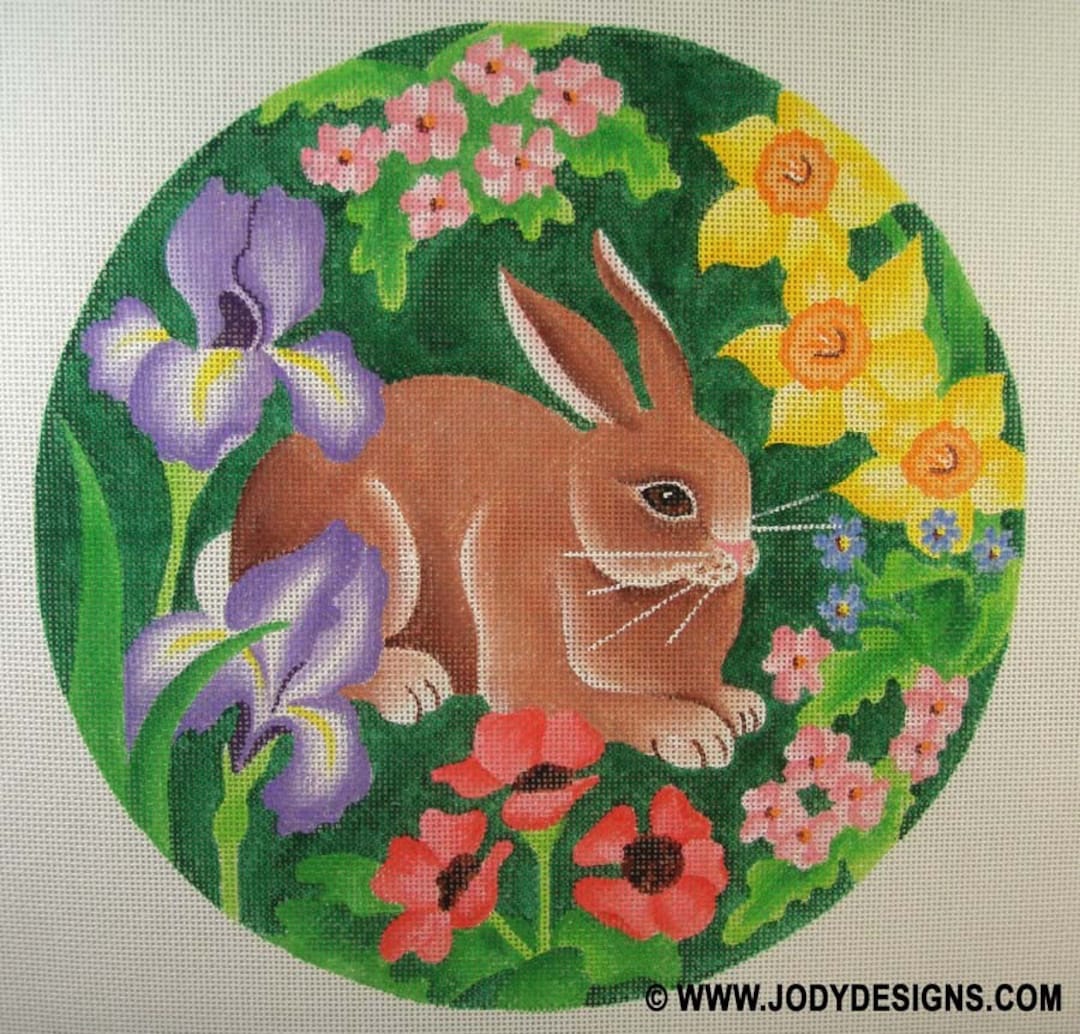 Floral Rabbit Round Large Hand Painted Needlepoint Canvas - Holly's ...