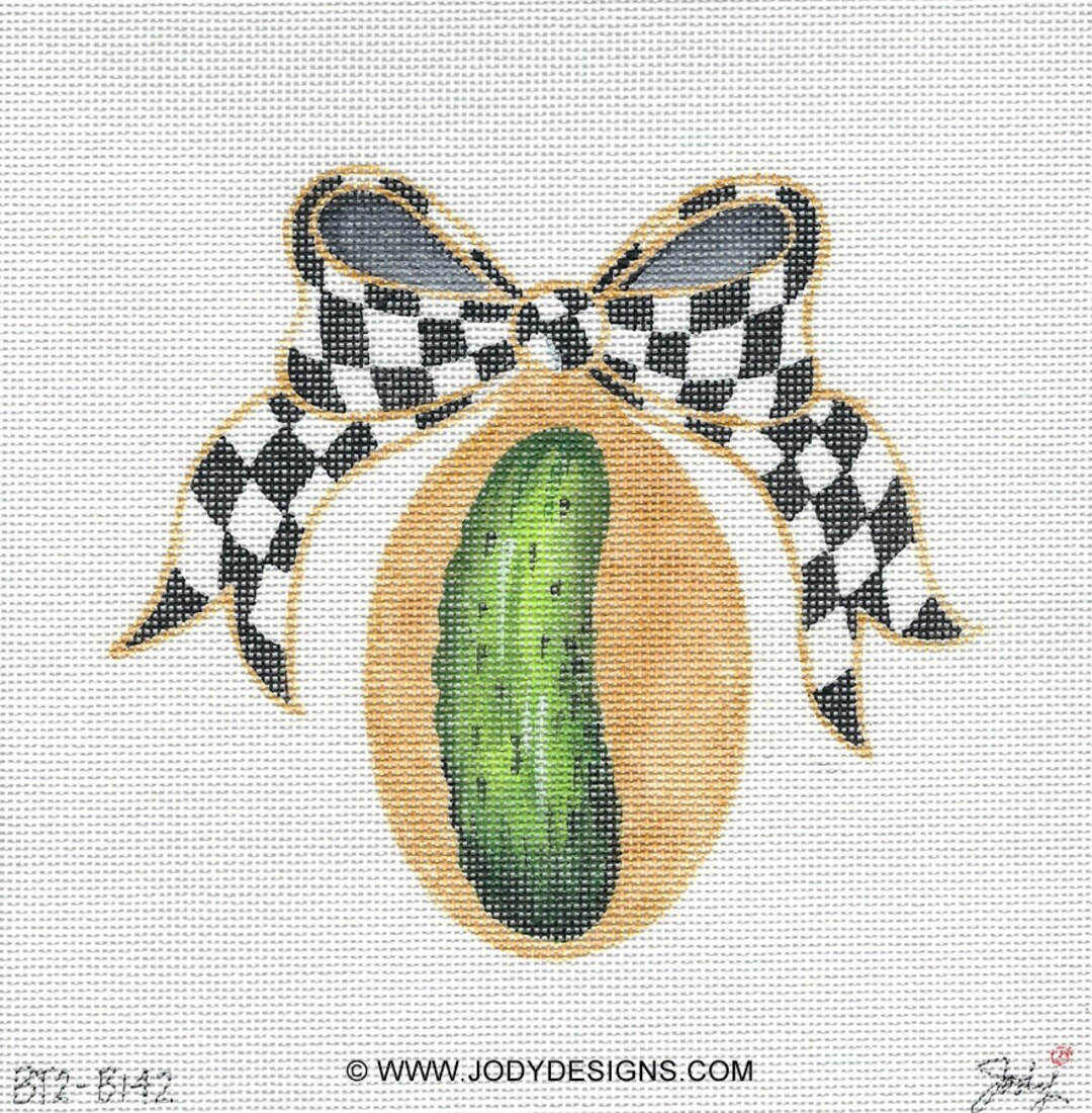 Pickle and Black/white Checked Bow Topper Hand Painted Needlepoint ...