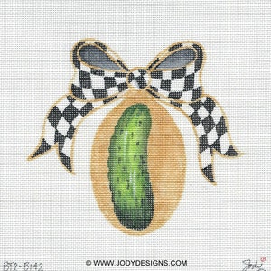 Pickle and Black/white Checked Bow Topper Needlepoint Ornament - Jody ...