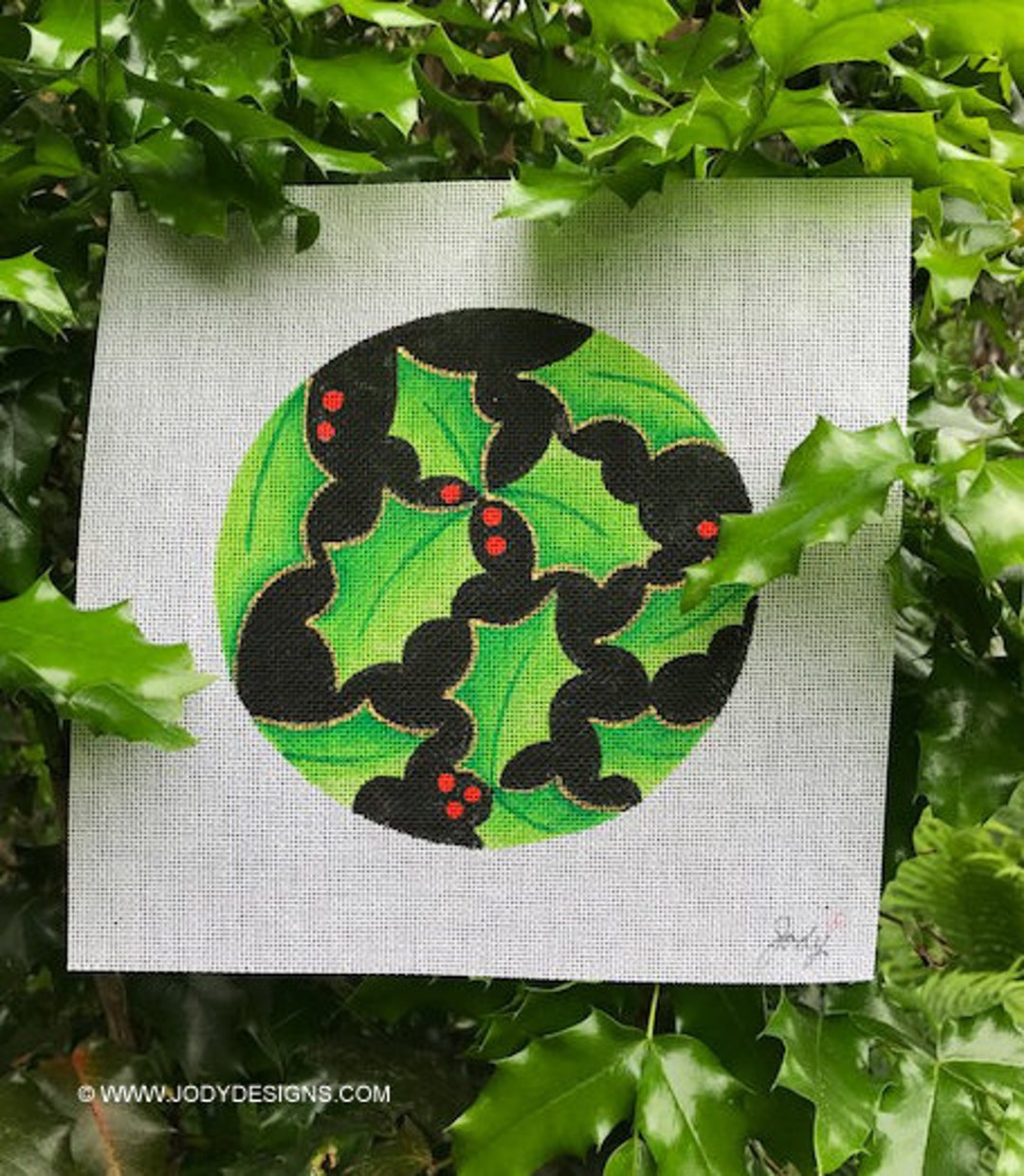 Holly on Black 6 1/4" Round Hand Painted Needlepoint Canvas - Jody ...