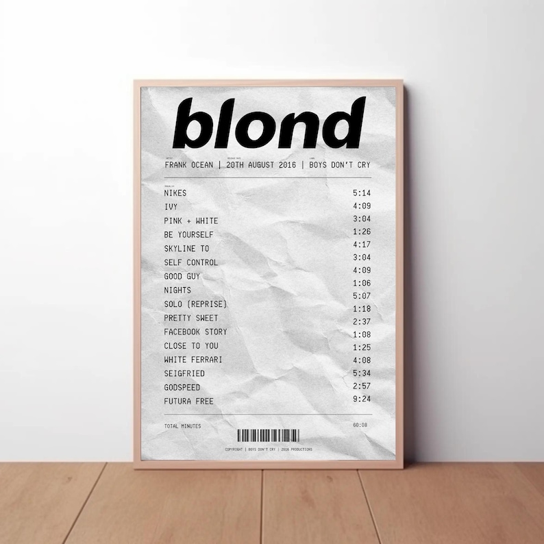 Frank Ocean Blond Album Tracklist Print – Minimalist Music Poster, Wall ...