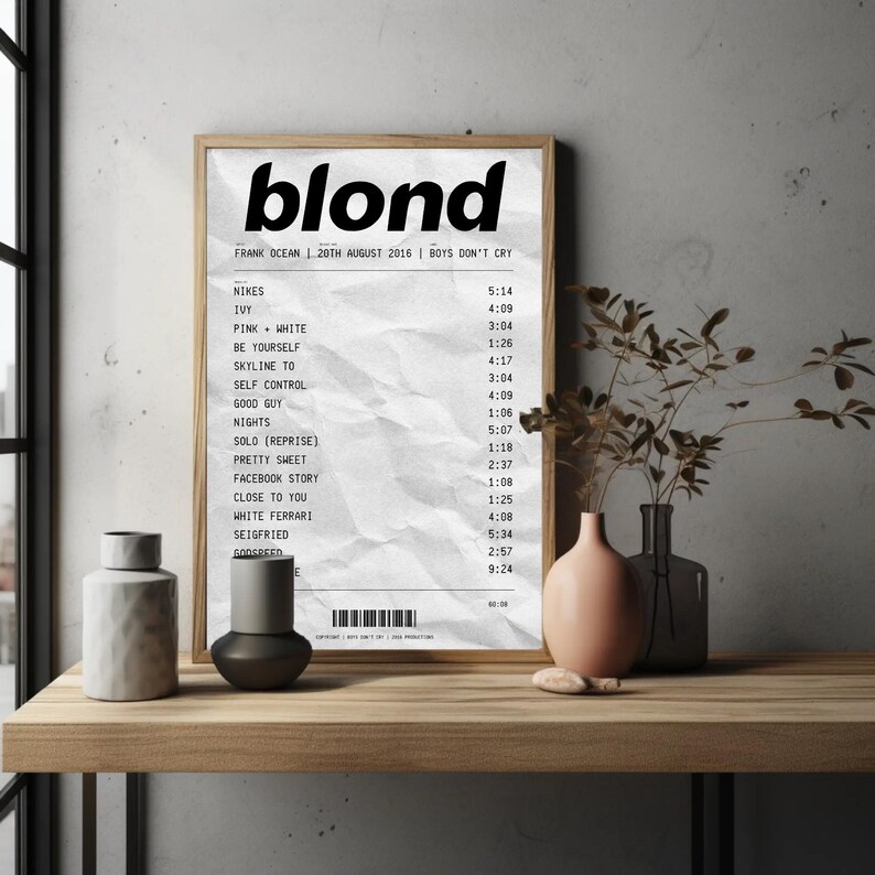 Frank Ocean Blond Album Tracklist Print – Minimalist Music Poster, Wall ...