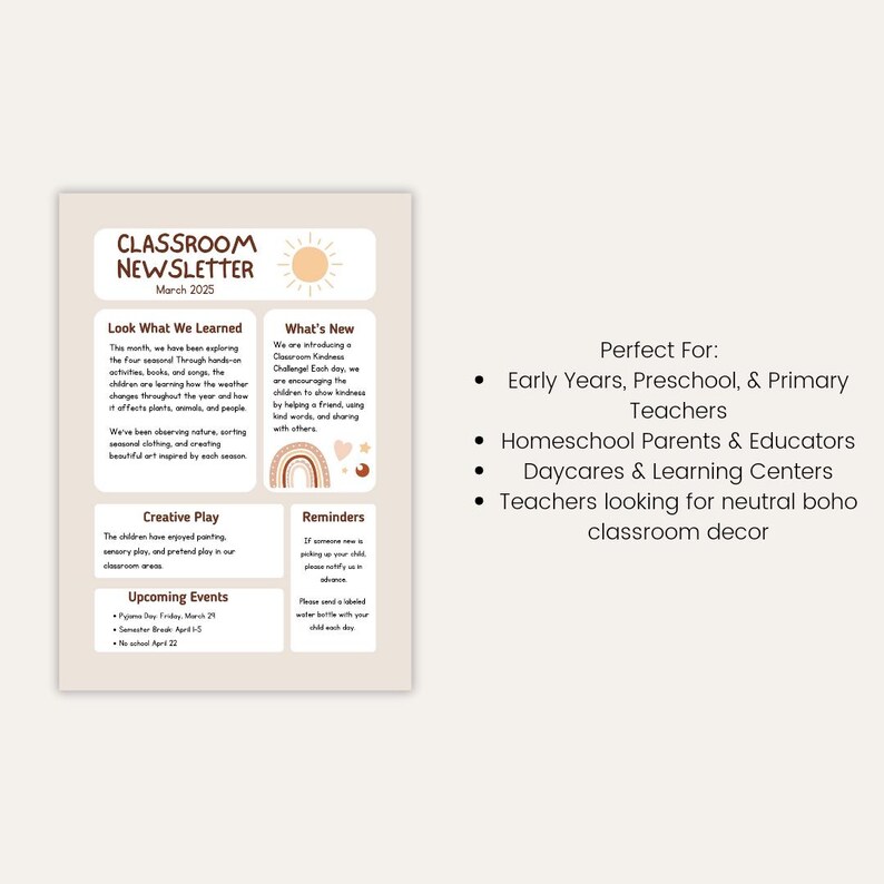 Editable Classroom Newsletter Templates Neutral Boho Canva Templates ...