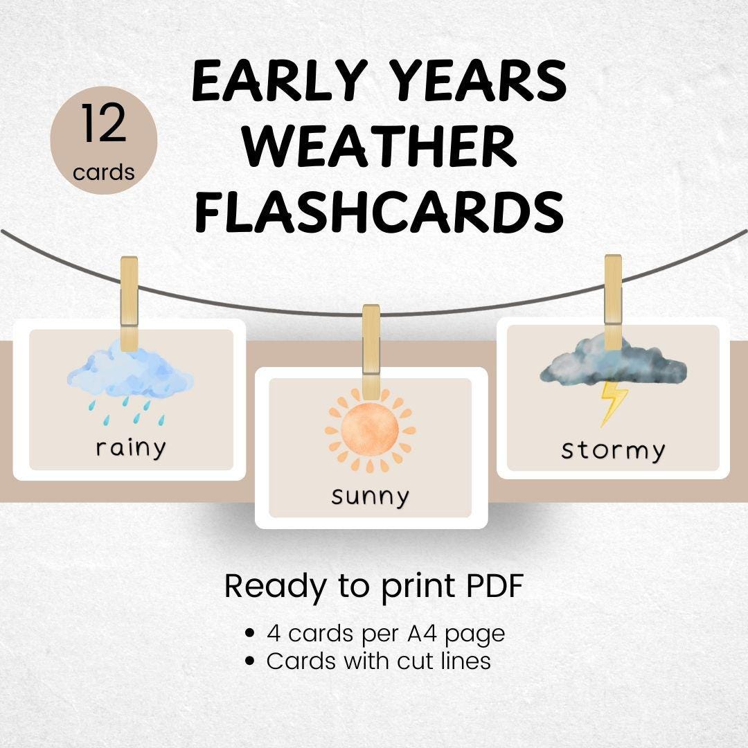 Weather Flashcards Preschool Kindergarten 12 Watercolour Cards Early ...