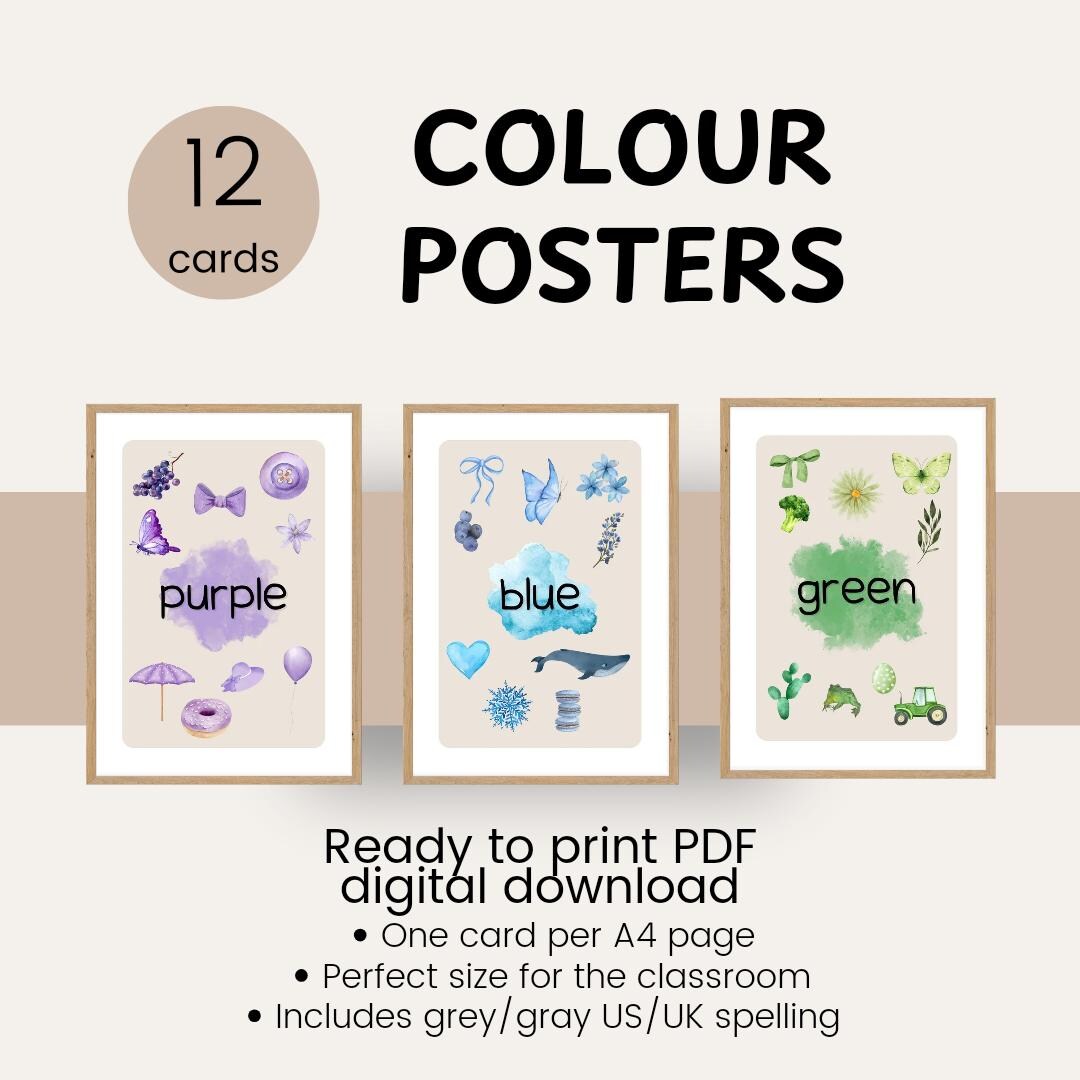 Colour Posters Watercolour Printable Flashcards With Gray/grey Spelling ...