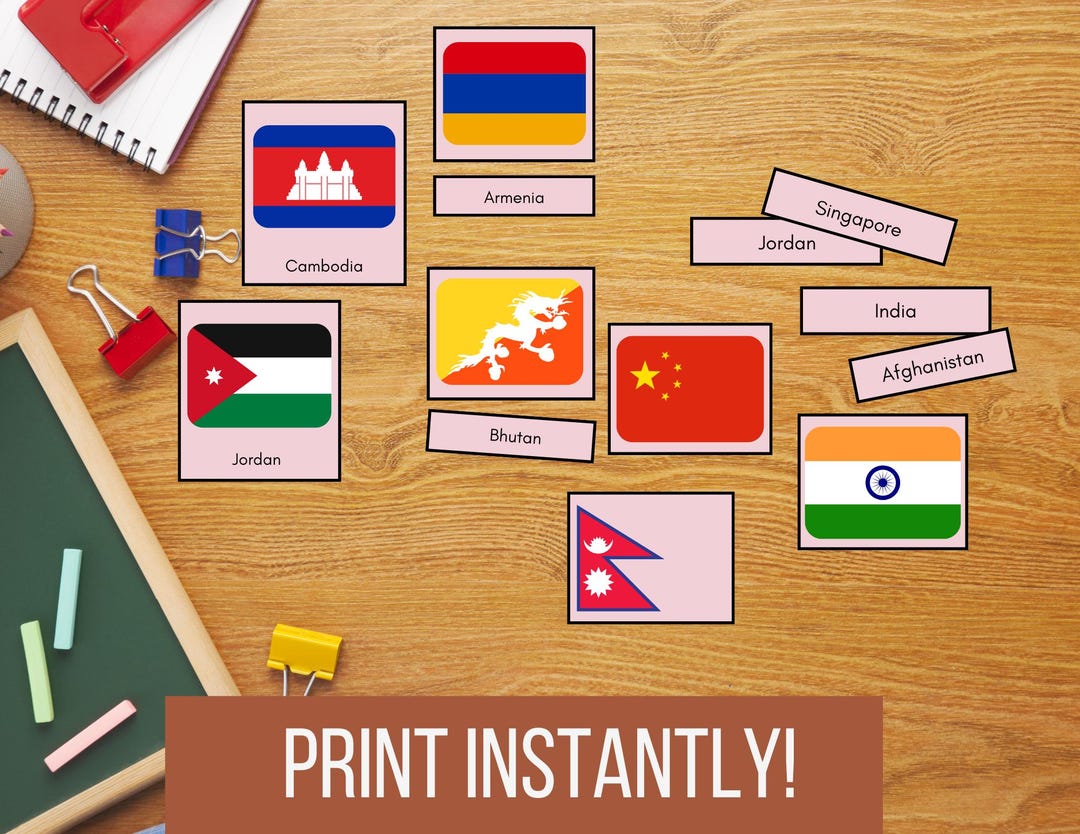 Asian Country Flag Three Part Matching Activity | Montessori Geography ...