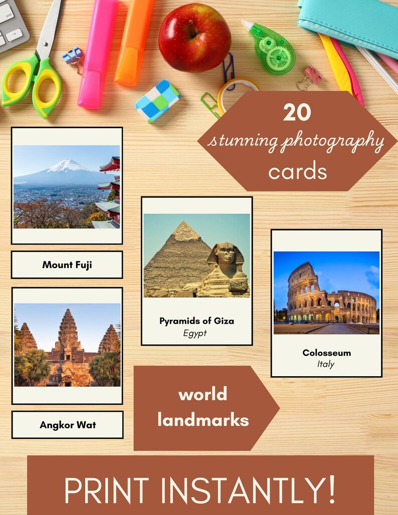 Tarjetas didácticas de 3 partes Montessori sobre las maravillas del ...