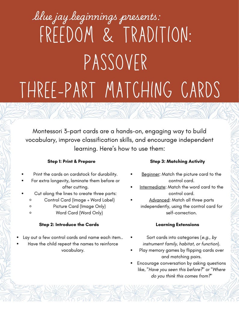 Freedom & Tradition: Passover 3-part Montessori Matching Flashcards ...