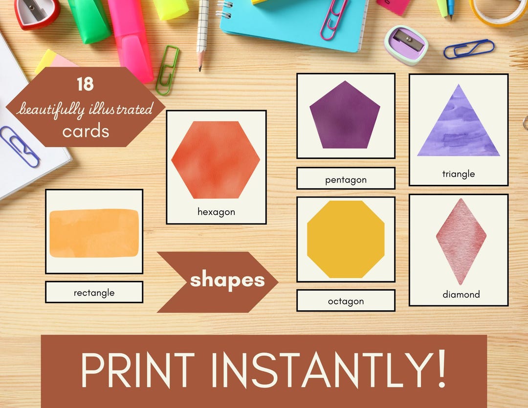 Seeing Shapes Three-part Watercolor Montessori Flashcards | Toddler ...