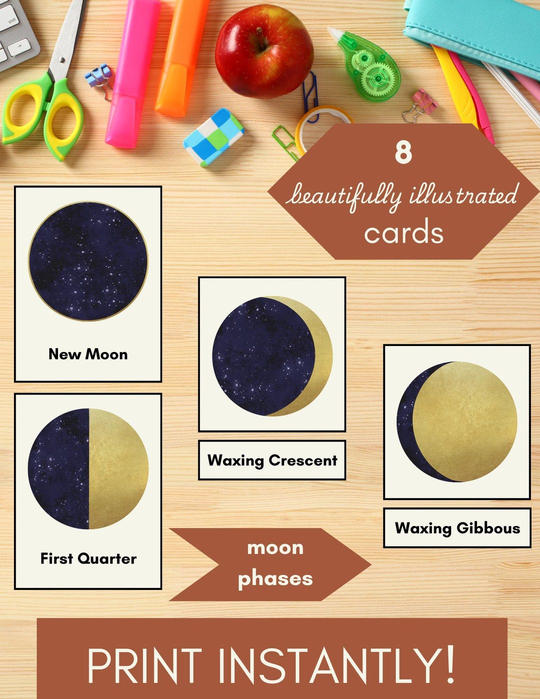 Lunar Cycles Montessori 3-part Matching Flashcards | Moon Phase ...