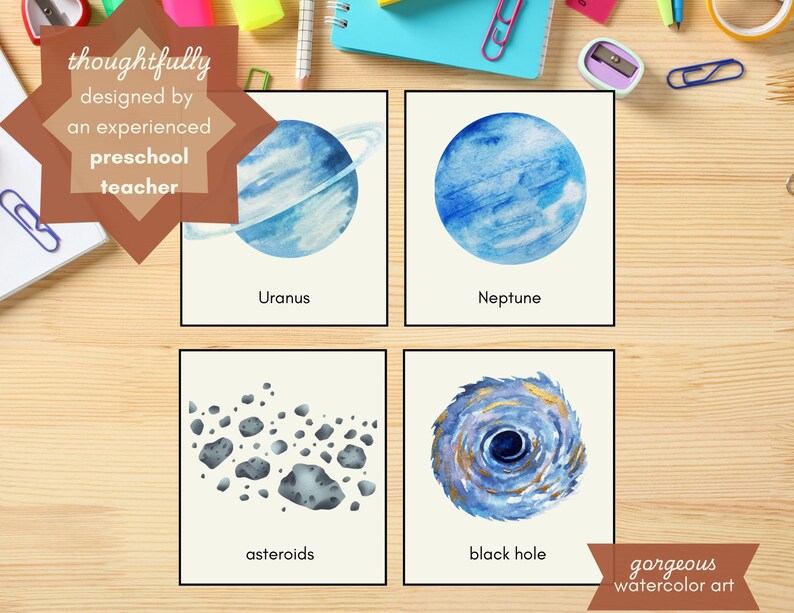 Watercolor Solar System Flashcards & Three Part Cards | Montessori ...