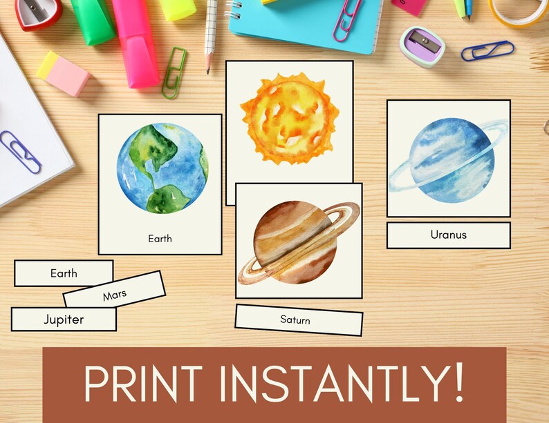 Watercolor Solar System Flashcards & Three Part Cards | Montessori ...
