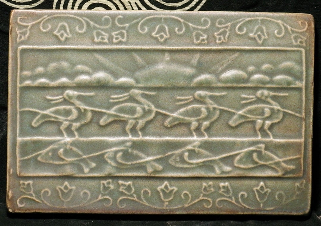 Decorative Relief Carved Ceramic Ibis and Fish Tile - Etsy
