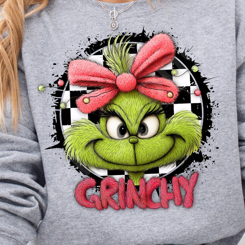 Grinch Girl Face PNG, Pink Glitter Bow, Checkered Retro Digital ...