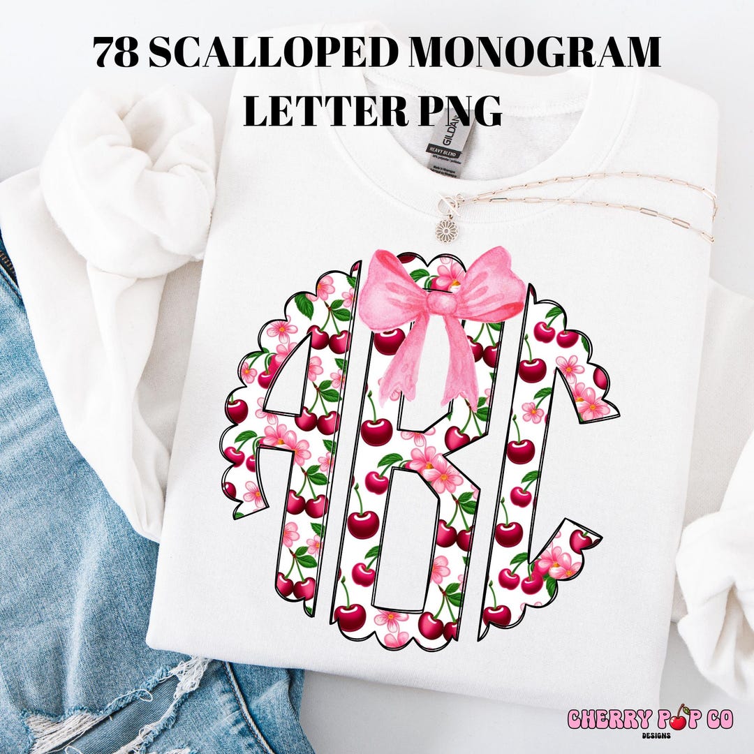 Cherry Monogram PNG, Cute Scalloped Monogram With Pink Bow ...