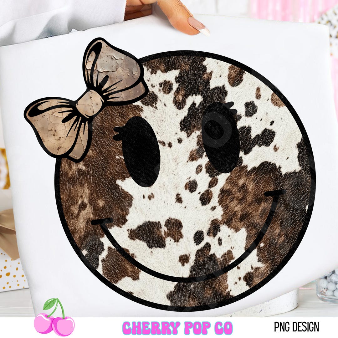 Cow Print Smiley Face Png, Retro Smile Face, Coquette Bow Digital ...