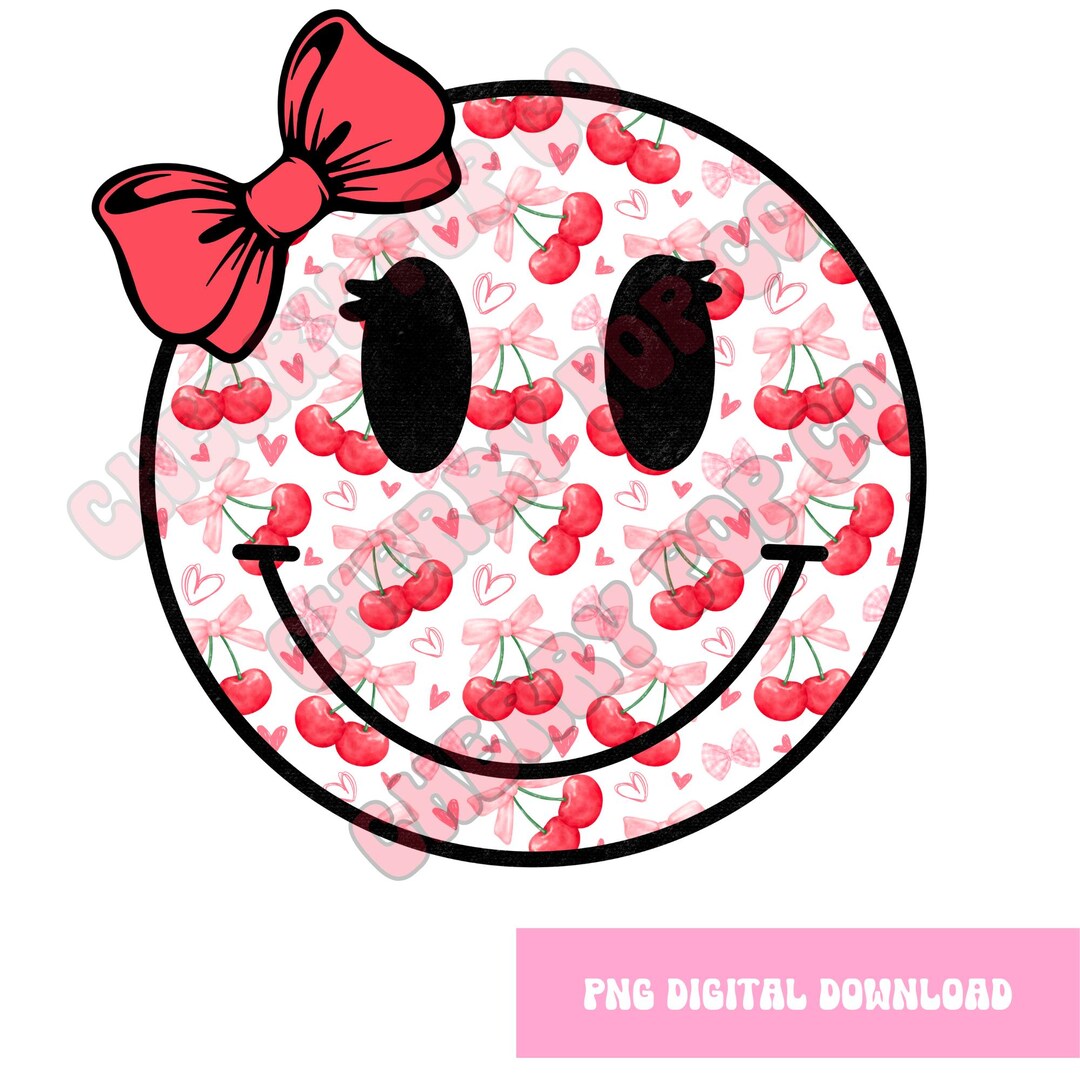 Cherry Smiley Face, Coquette Sublimation T-shirt Design PNG, Happy Face ...