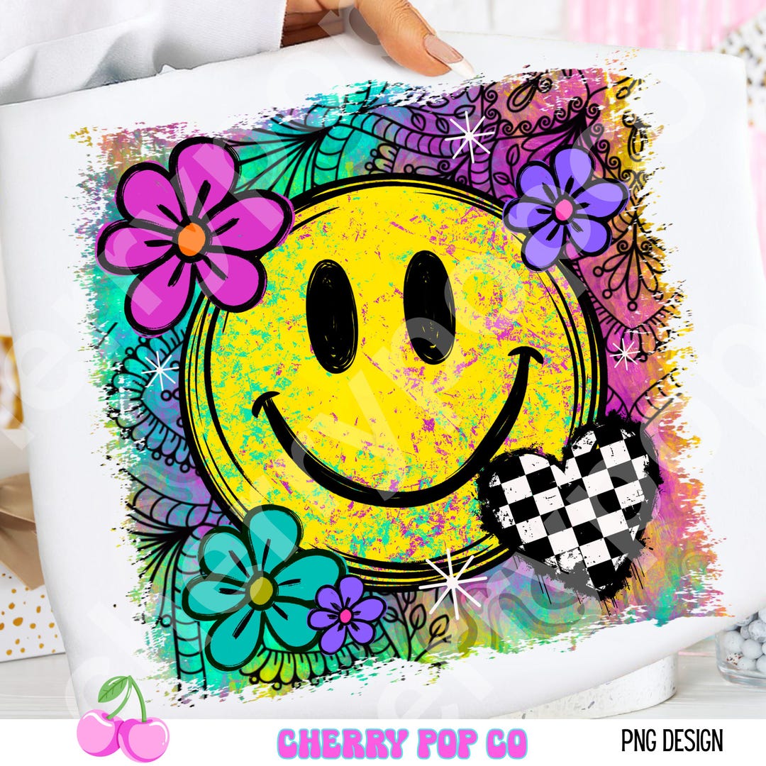 Grunge Smiley Face PNG, Retro Flower Sublimation, Digital Download - Etsy