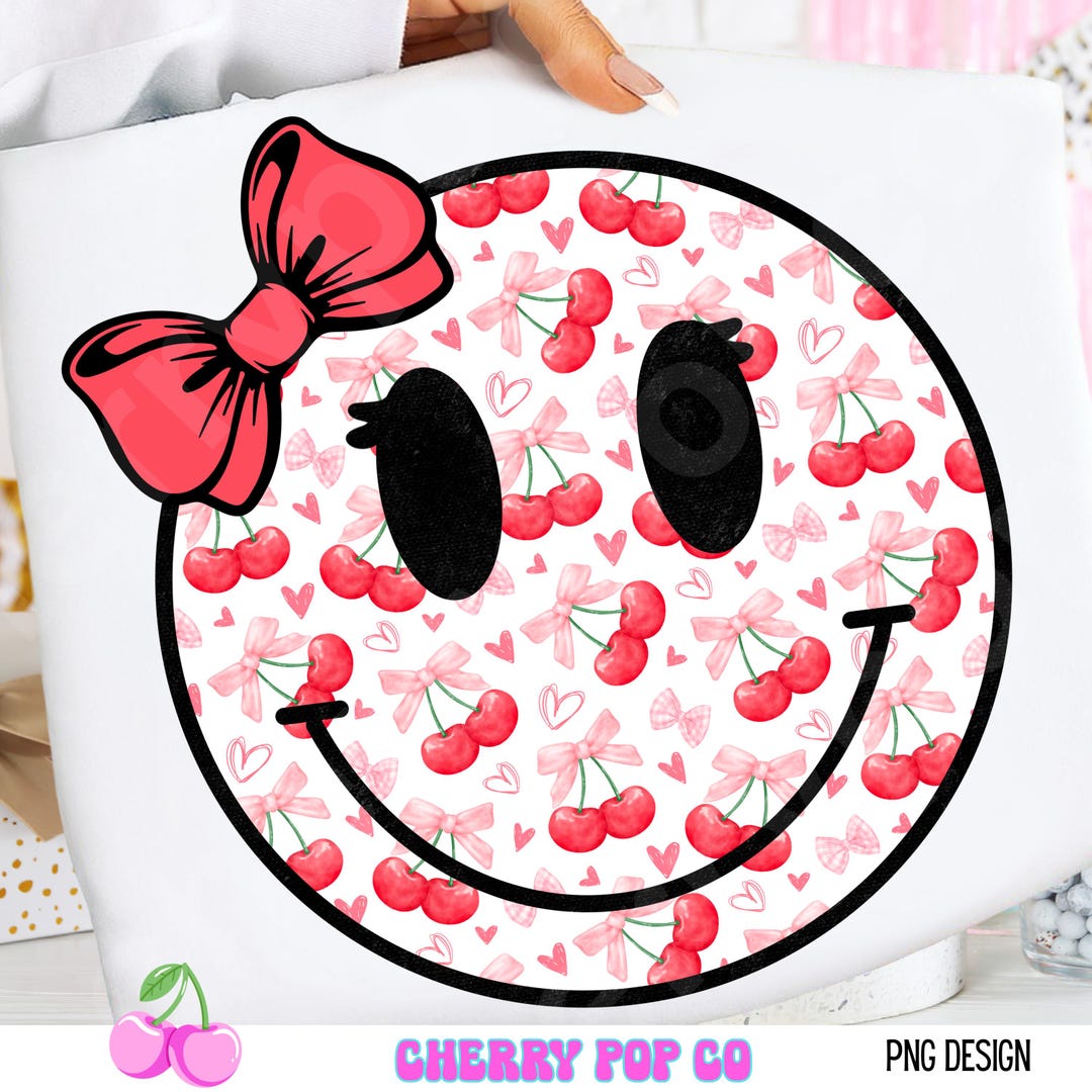 Coquette Smiley Face, Cherry Sublimation T-shirt Design PNG, Happy Face ...