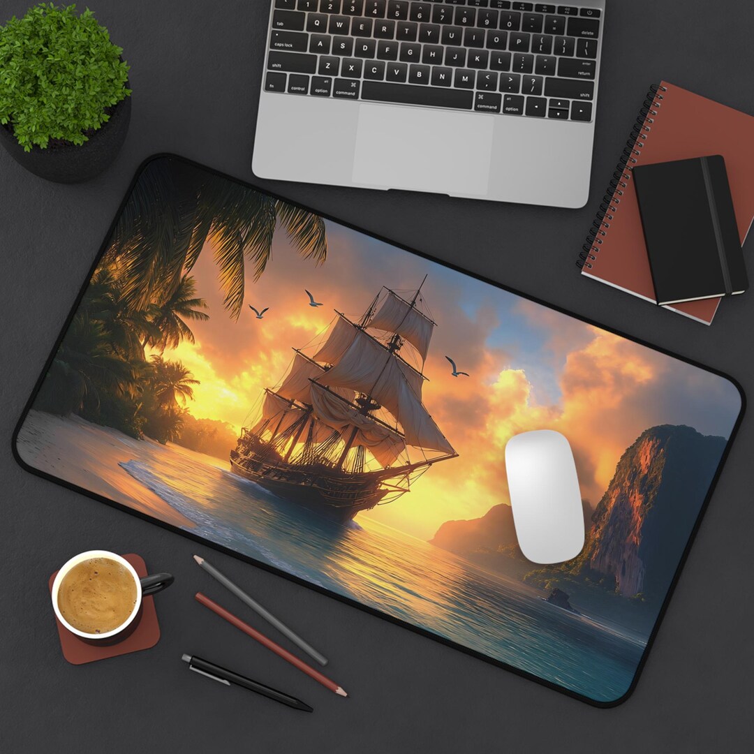 Ocean Sunset Pirate Ship Desk Mat | Nautical Home Office Decor, Gamer ...