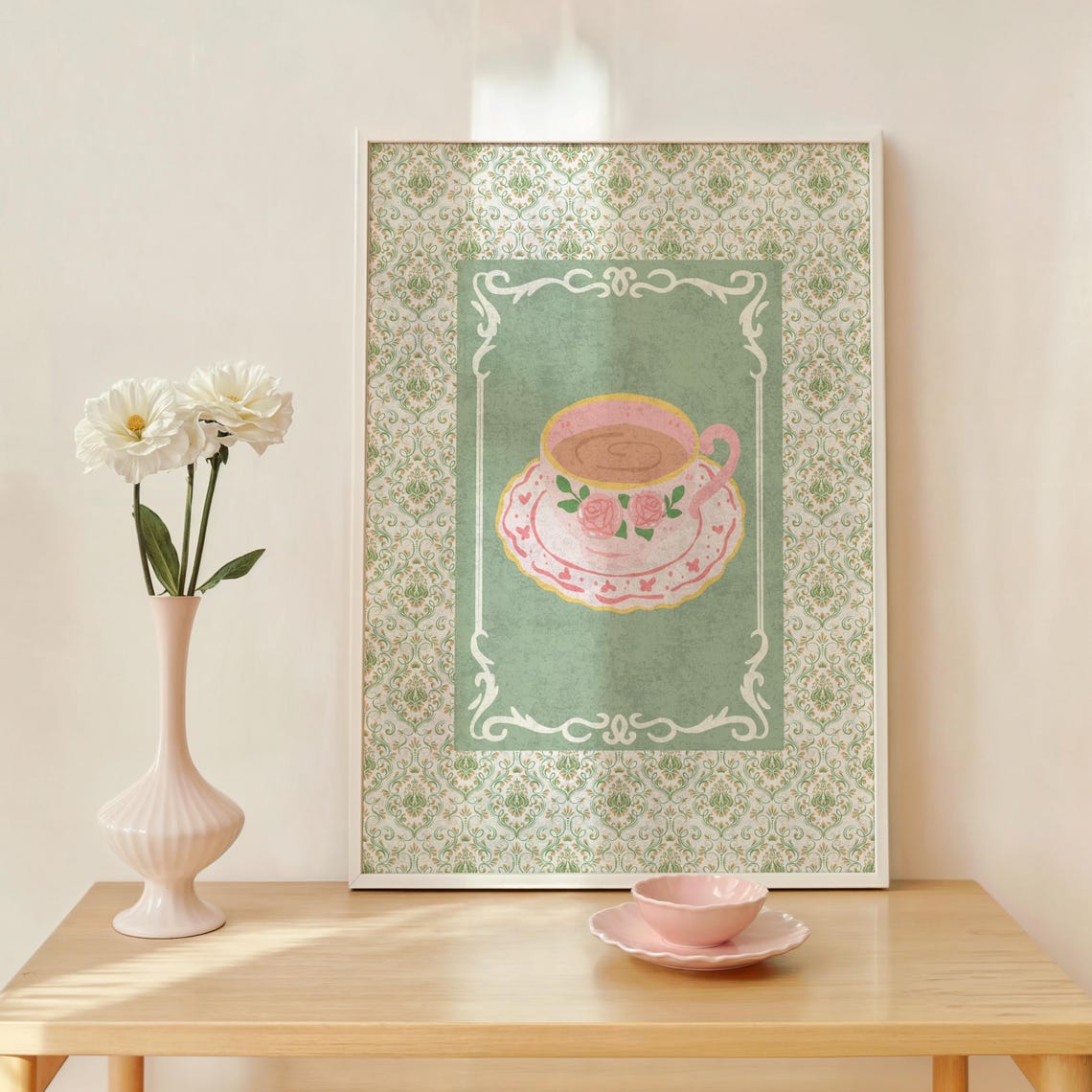 Vintage Teacup Wall Art, Pink Floral Tea Cup Print, Shabby Chic Kitchen ...