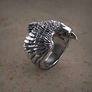 Silver Raven Bird Ring, Large Crow Ring for Men, Viking Raven Ring ...