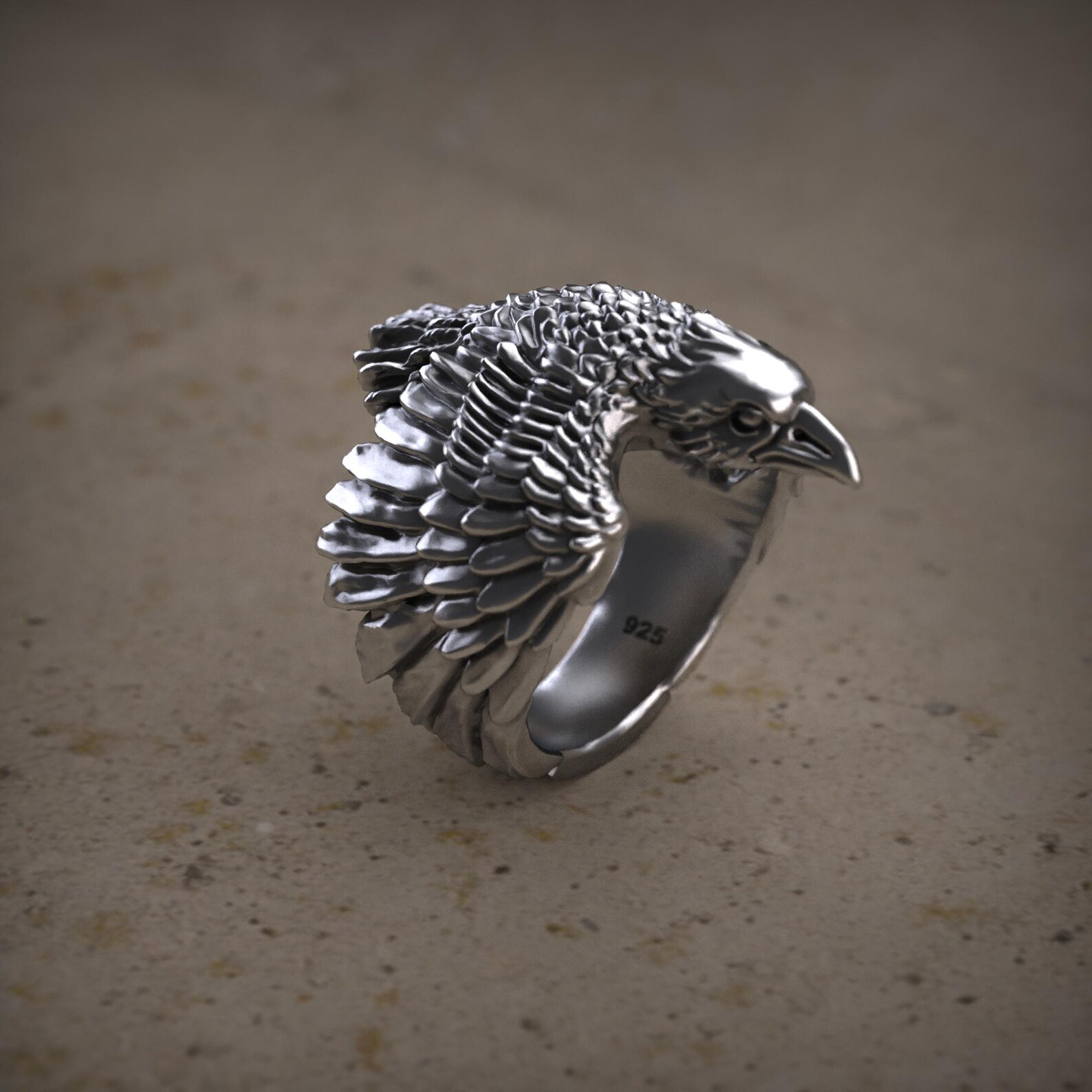 Silver Raven Bird Ring, Large Crow Ring for Men, Viking Raven Ring ...