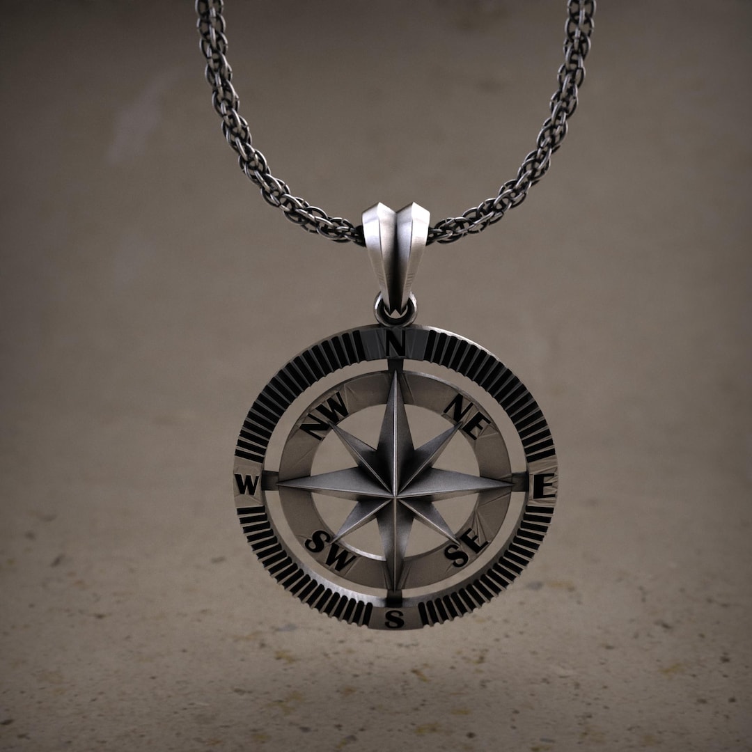 Sterling Silver Double Sided Men Compass Necklace, Unisex Compass ...