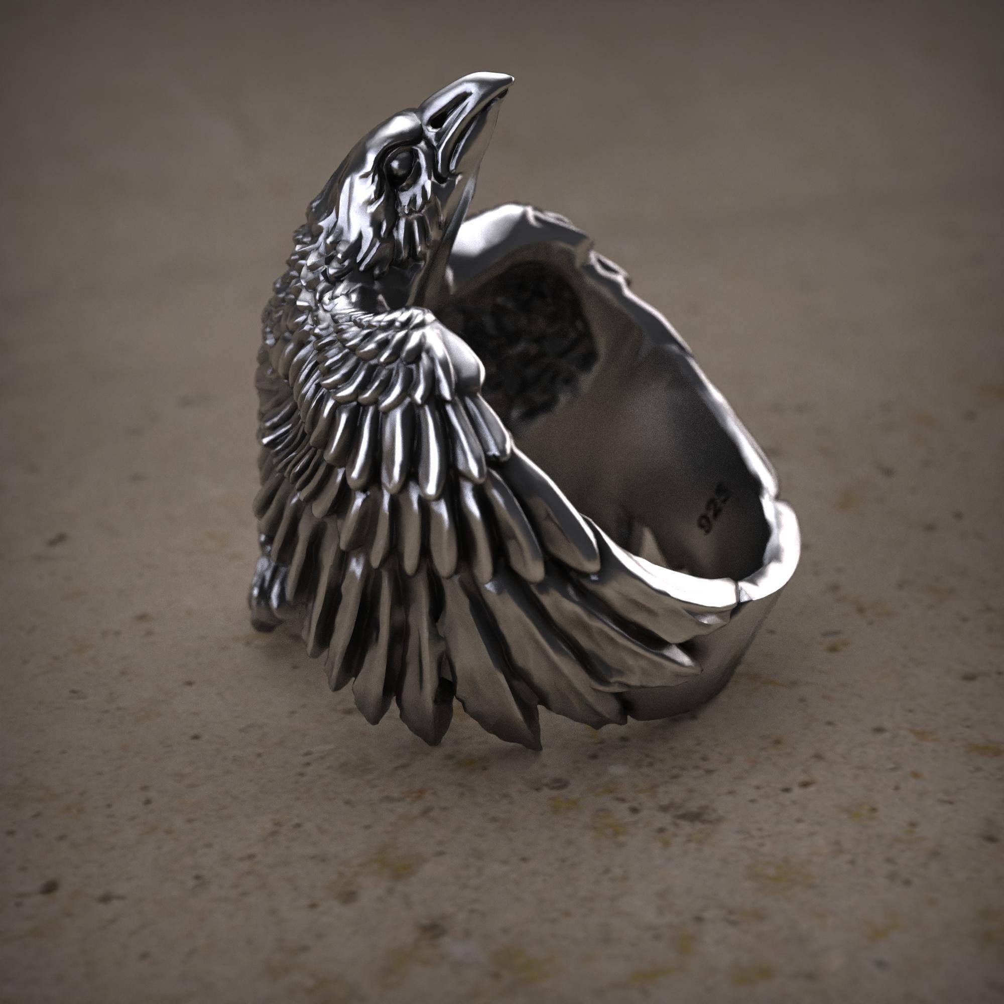 Silver Raven Bird Ring, Large Crow Ring for Men, Viking Raven Ring ...