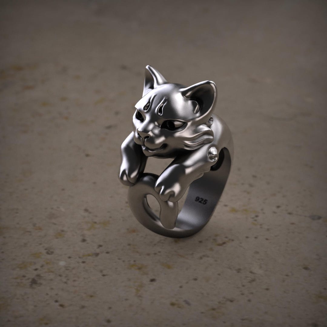 Adjustable Sterling Silver Cat Ring, Handmade Feline Animal Band, Cute ...