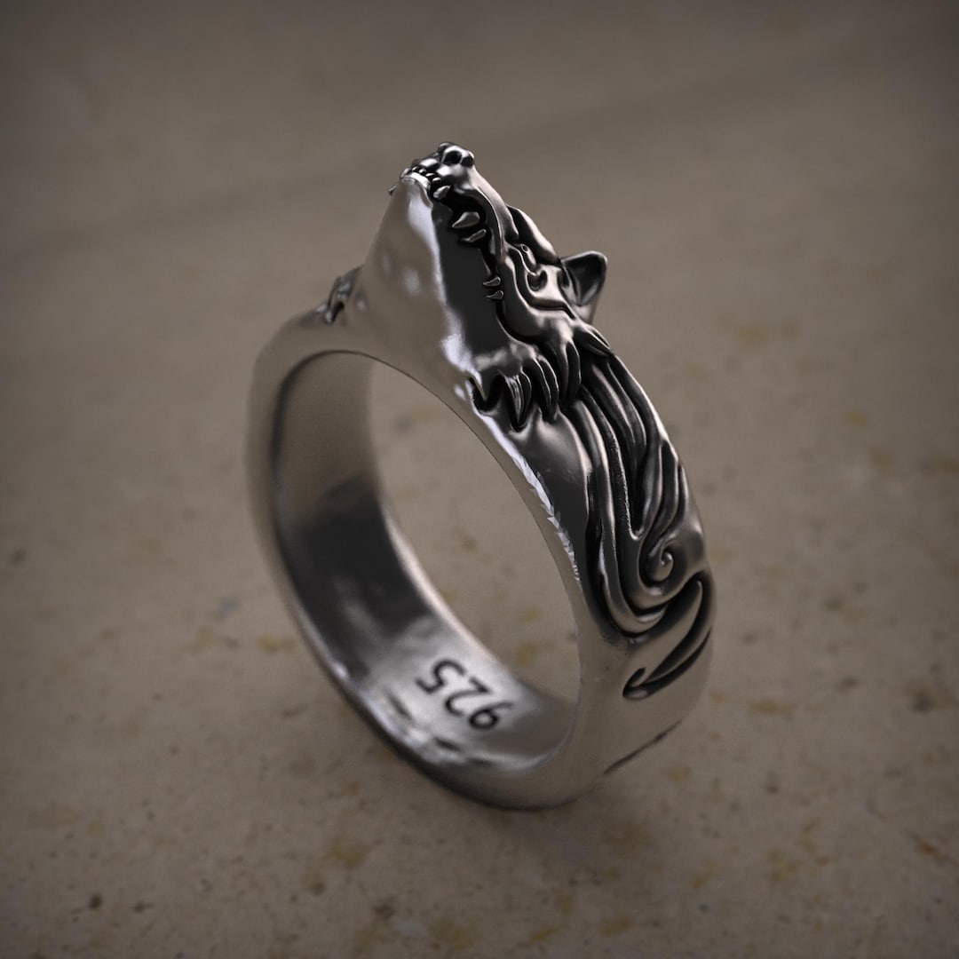 925 Sterling Silver Fierce Wolf Ring, Handmade Fantasy Beast Jewelry, Tribal Wolf Head Ring for ...
