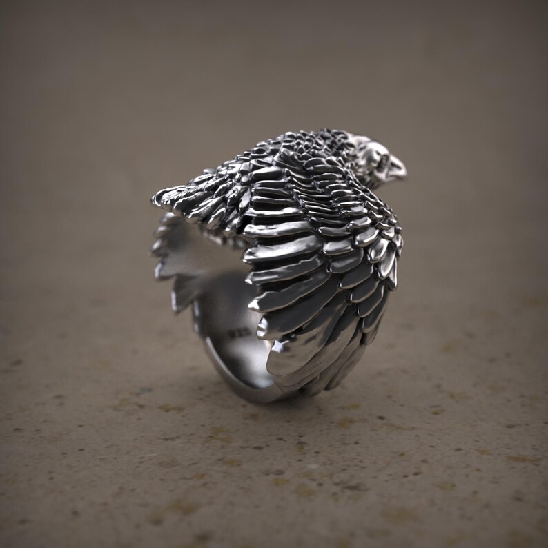 Silver Raven Bird Ring, Large Crow Ring for Men, Viking Raven Ring ...