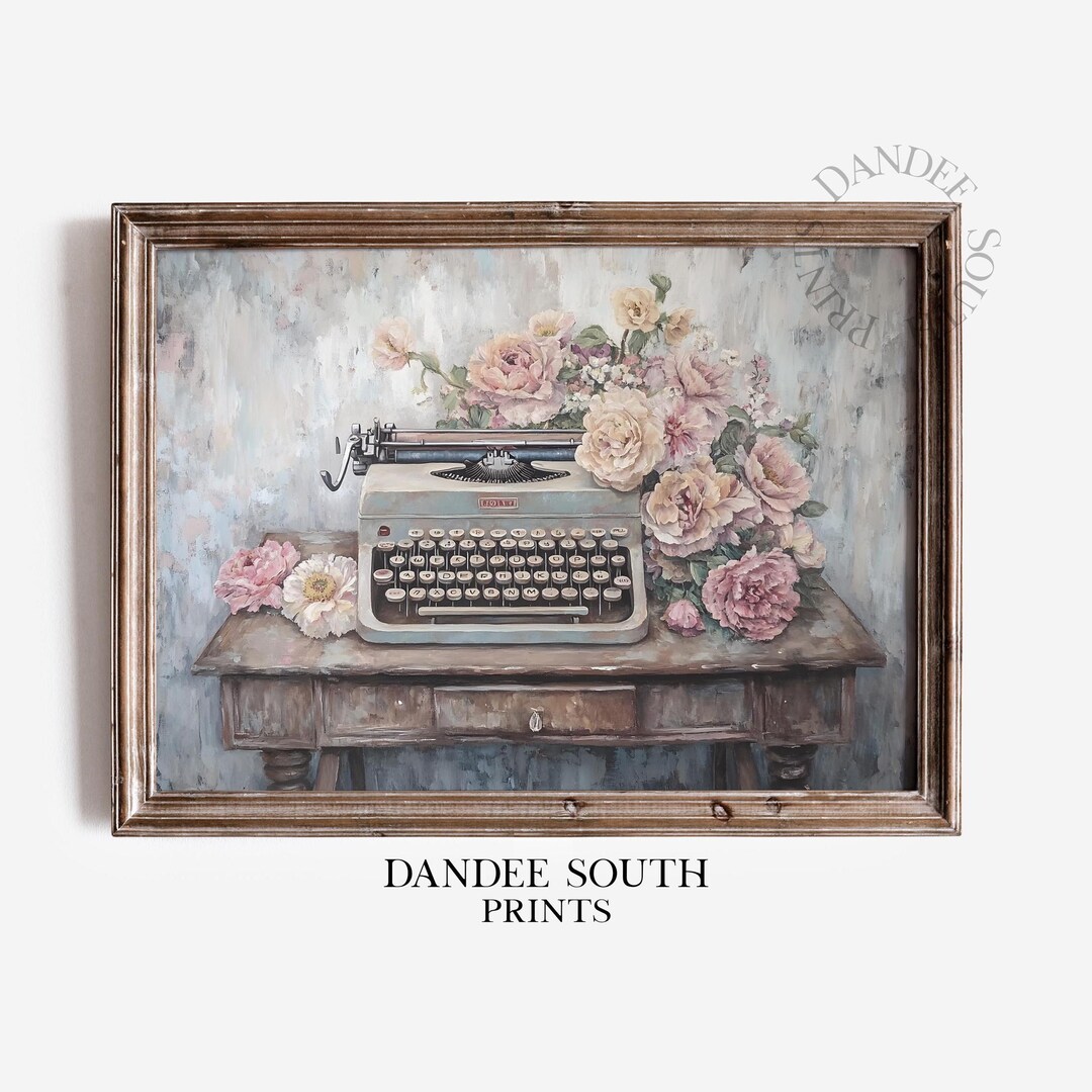 Vintage Typewriter Printable Wall Art, Floral Typewriter Digital Art ...