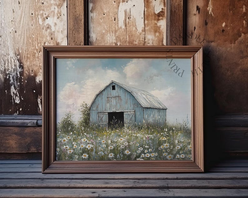 Rustic Barn Digital Wall Art, Blue Barn Rural Landscape Printable ...